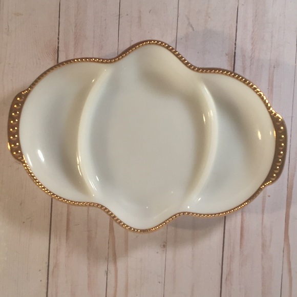 Fire King | Dining | Vtg Fire King Milk Glass Gold Trim Divided Dish ...